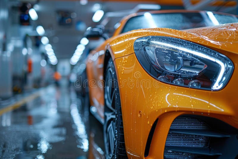 A Close-up View of an Orange Luxurious Car Being Washed in an Automatic ...