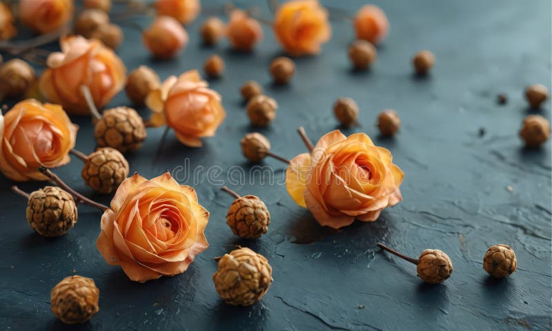Close-up View Orange Roses and Brown Acorns Arranged on Dark Blue ...