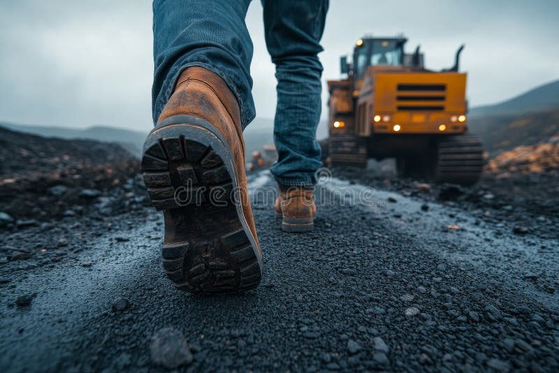 A Close-up View of Orange Worker S Boots on Newly Paved Asphalt ...