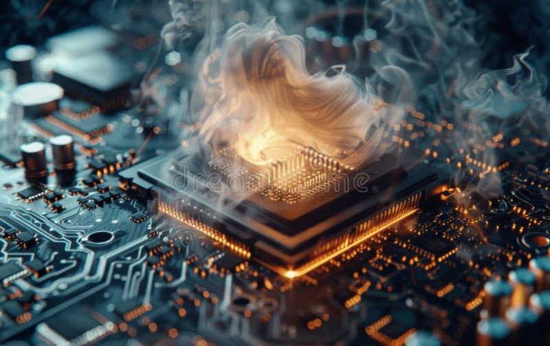 Close-up View of an Overclocked Computer Processor with Smoke Rising ...