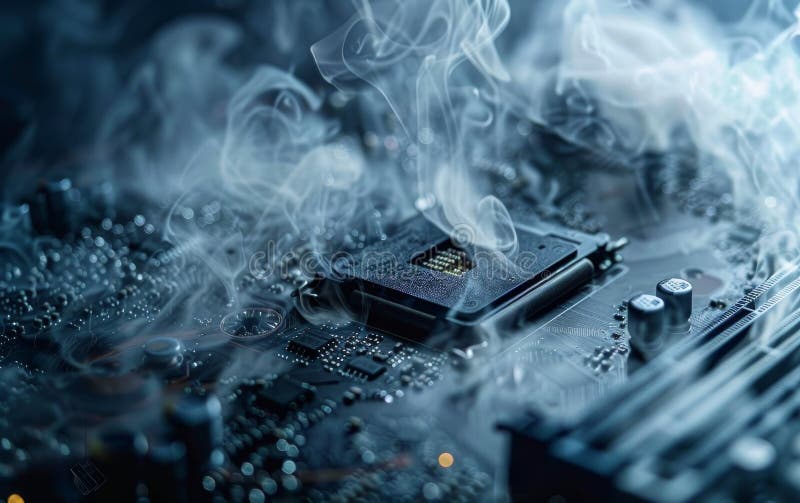 Close-up View of an Overclocked Computer Processor with Smoke Rising ...