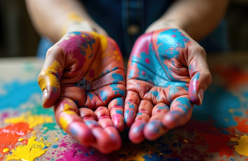 Close-up View of Painted Hands. Artist Working on Art Project. Hands ...