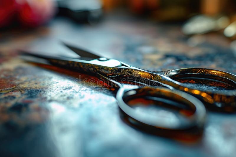 A Close Up View of a Pair of Scissors Placed on a Table. this Image Can ...