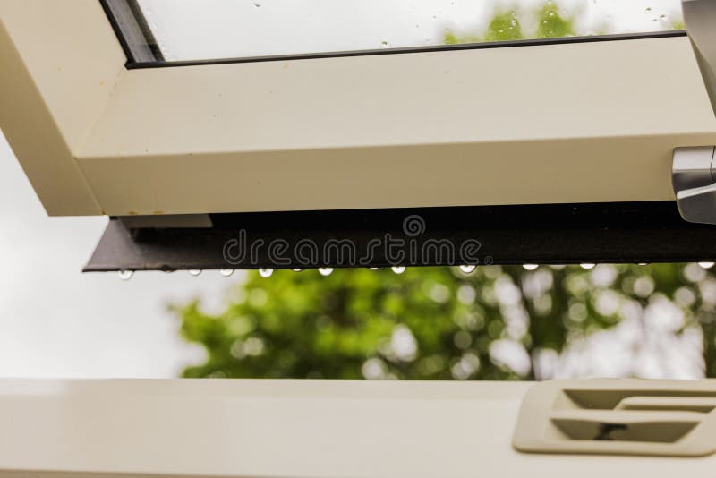 Close-up View of a Partially Opened Skylight Window with Raindrops ...