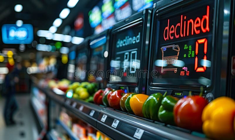 Close-up View of a Payment Terminal Screen Displaying Declined Message ...