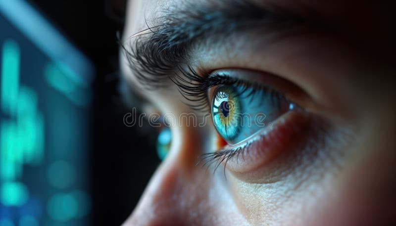 Close-up View of Person Eye Focused Intently. Reflection of Complex ...
