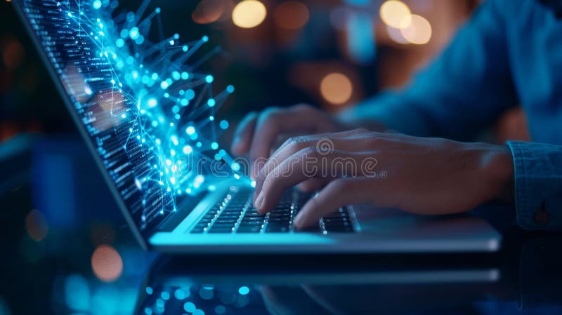 Close-up View of a Person S Hands Typing on a Laptop Keyboard. the Screen Displays Lines of Code ...