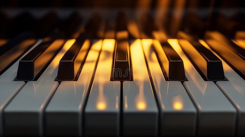 Dramatic Macro View of Piano Keys Highlighted by Warm Lighting in Dimly ...