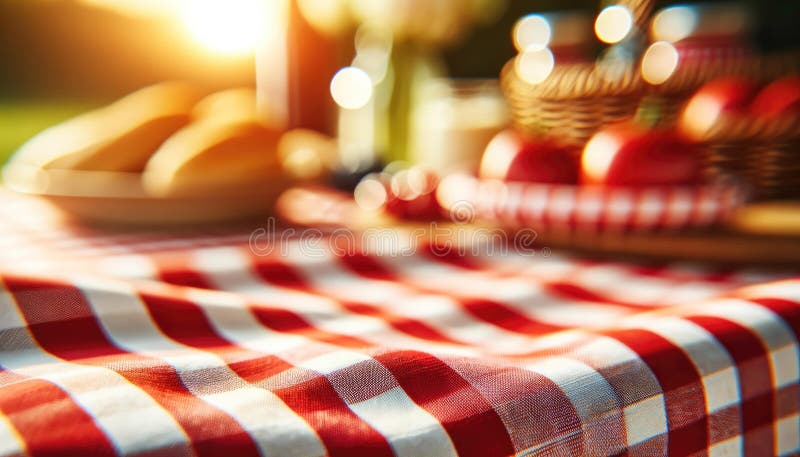 Sunlit Picnic Table Setup with Red Checkered Tablecloth, AI Generated ...