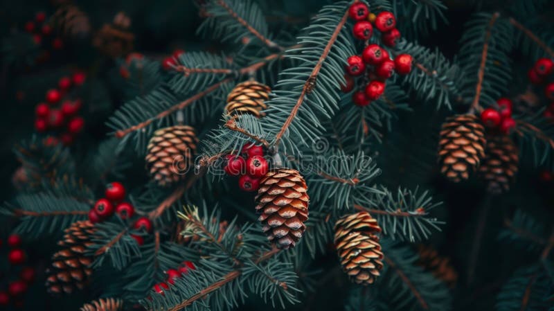 Pine Tree with Red Berries and Pine Cones Stock Illustration ...