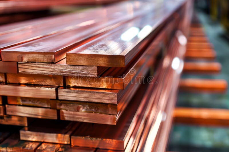 Copper Flat Bars Stacked Horizontally on Blurred Industrial Background ...