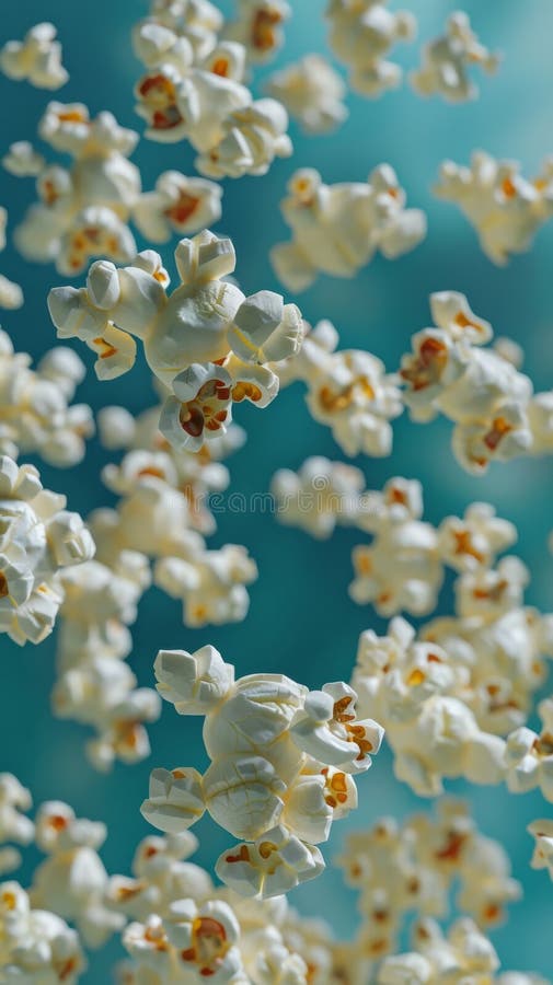 Close-up View of Popcorn Kernels Floating with a Teal Background. Snack ...