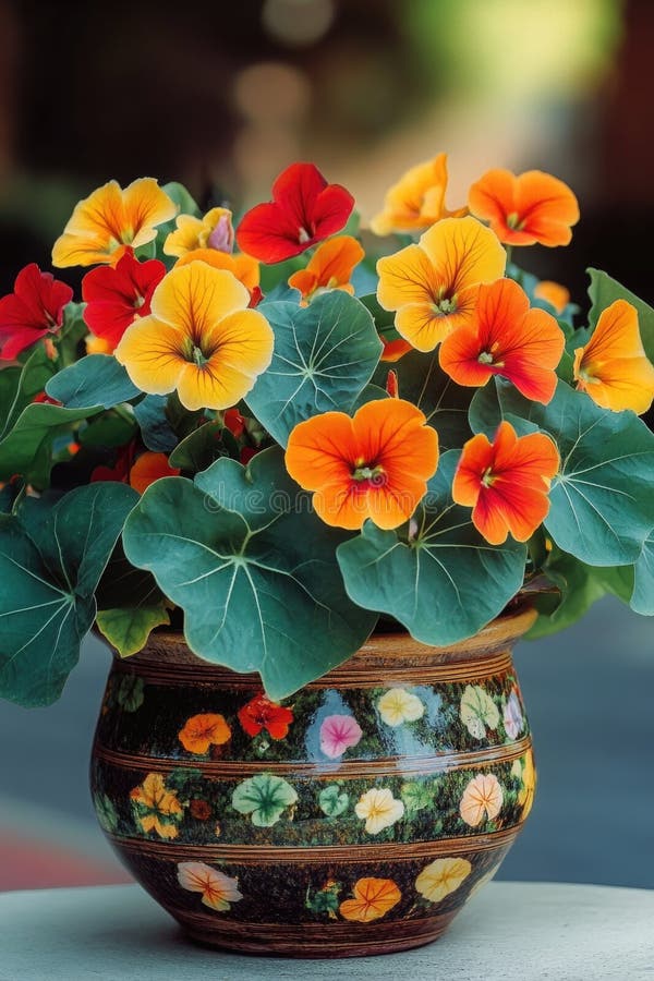 A Close-up View of a Pot Filled with Colorful Flowers Stock Image ...