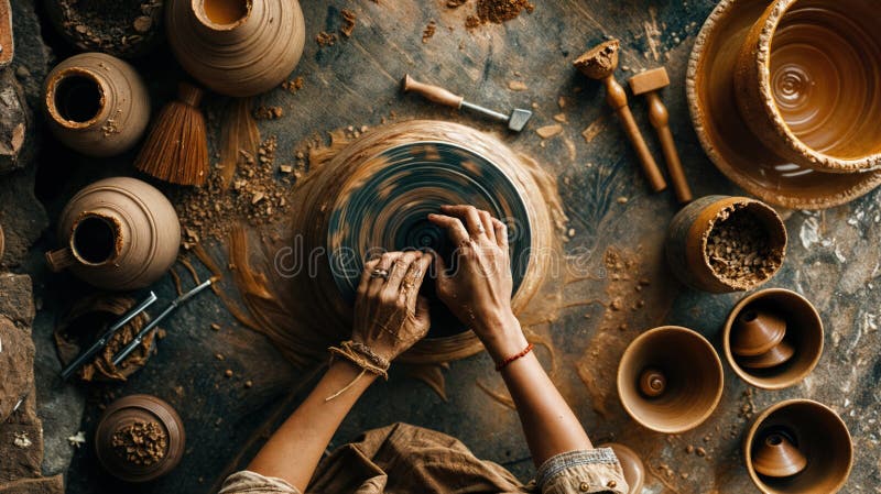 A Close-up View of a Potters Hands Shaping Clay on a Spinning Wheel ...