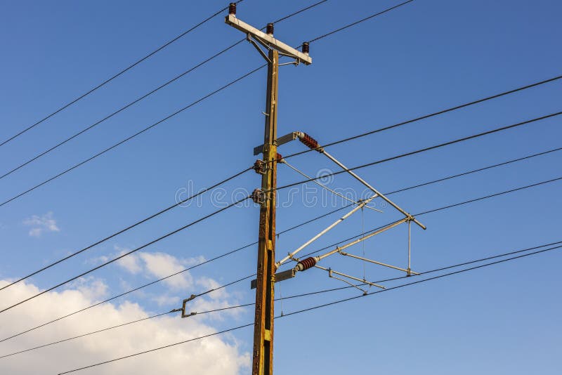 Close Up View of Power Line on Blue Sky and White Clouds Background ...