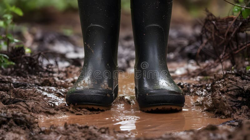Muddy Boots in a Puddle stock illustration. Illustration of waterproof ...