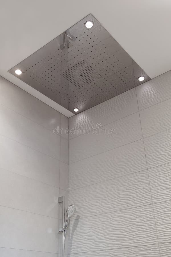 Close-up View of Premium Shower Corner with Huge Square Shower Head in ...