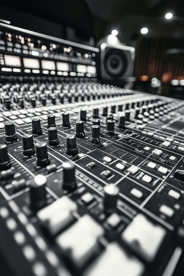 Detailed Close Up of a Mixing Console with Black Knobs Used in Music ...