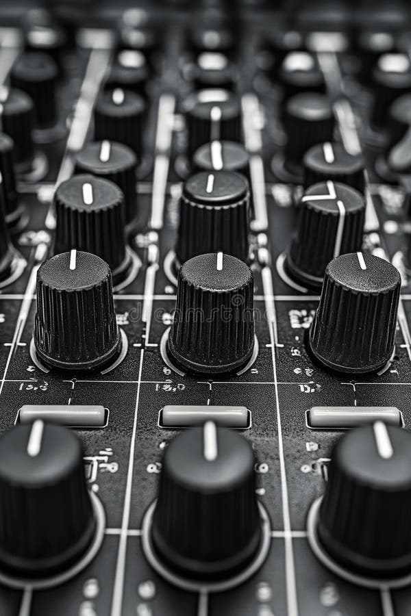 Detailed Close Up of a Mixing Console with Black Knobs Used in Music ...