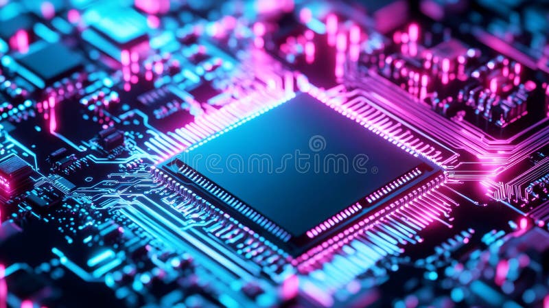 Close-up View of a Processor Chip with Neon Lights and Futuristic Data ...