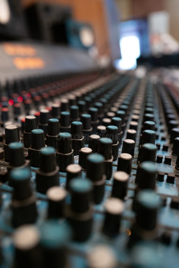 Close Up View Professional Audio Mixing Console Numerous Knobs Faders ...