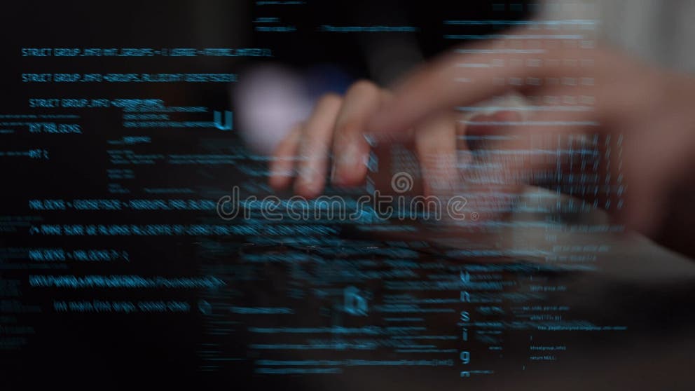 Abstract Representation of a Programmer Hands Typing on a Laptop with Flowing Code and Digital ...