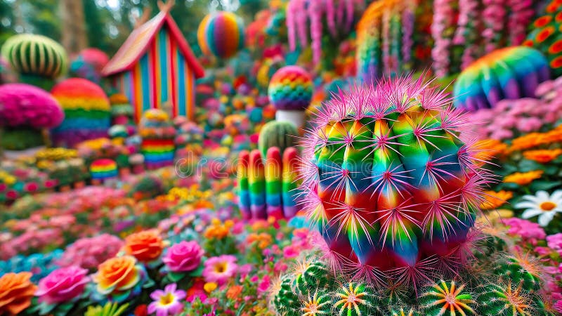 A Close-up View of a Rainbow Cactus with Vibrant, Multi-colored Spines ...