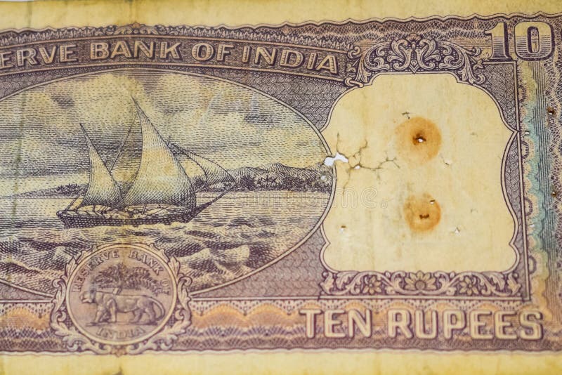 Close Up View of Rare Ten Rupee Note on the Table, Old Indian Currency ...