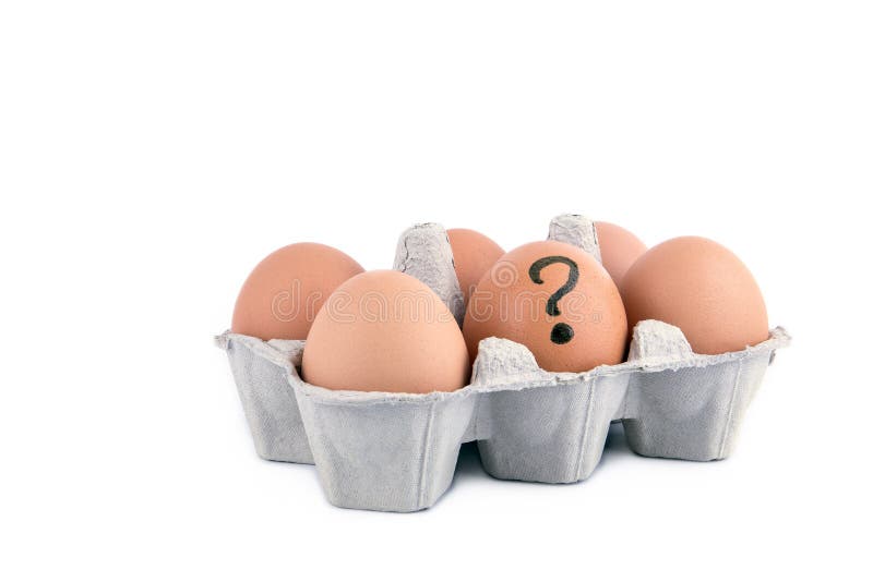 Close-up View Of Raw Chicken Eggs With Question Mark In Box On White ...
