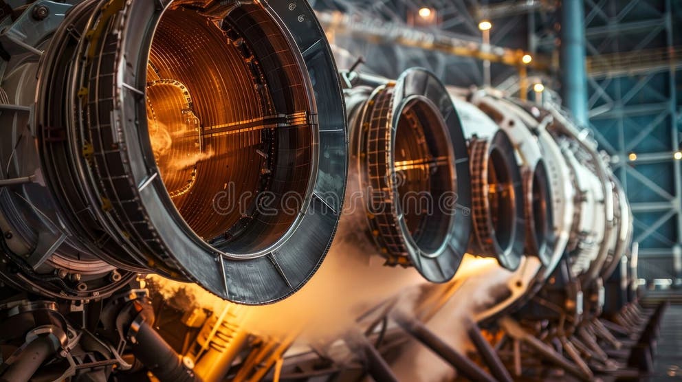 Close Up View of Realistic Rocket Engines during a Dynamic and Intense ...