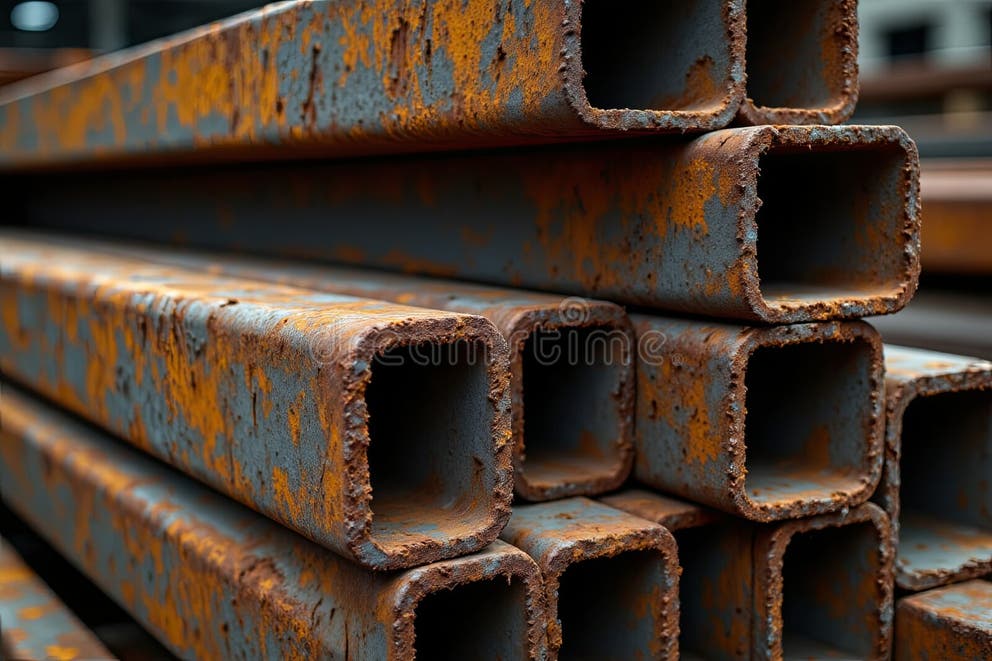 Close Up View of Rectangular Rusted Metal Tubes Stacked Together Stock ...