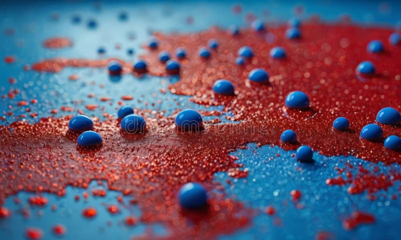 Close-up View Red and Blue Abstract Pattern, Featuring Scattered Blue ...