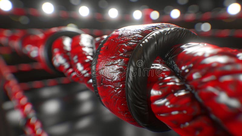 Close-up View of a Red Boxing Ring Rope, Illuminated by Spotlights in a ...