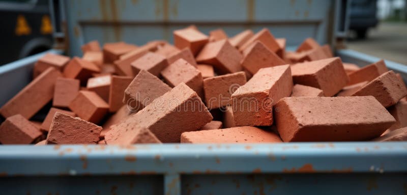 Close-up View of Red Bricks in Metal Container. Construction Debris ...