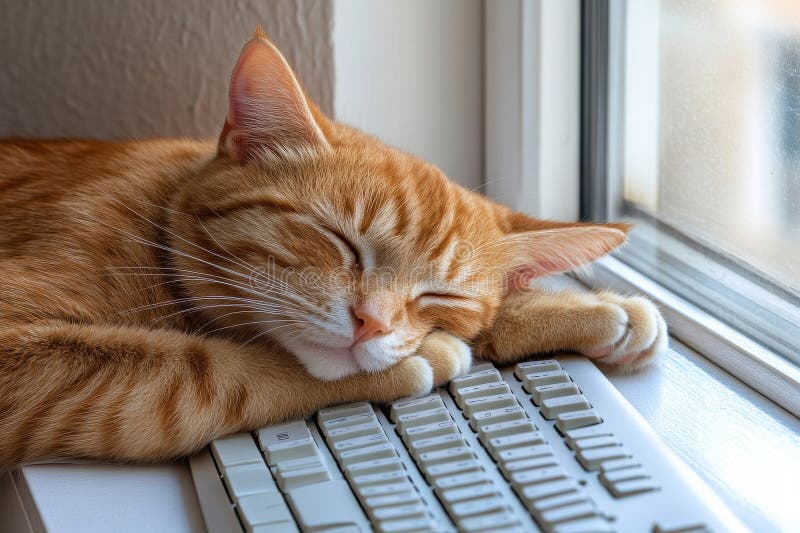 A Close-up View of a Red Cat Resting on a Window Board with a Computer ...