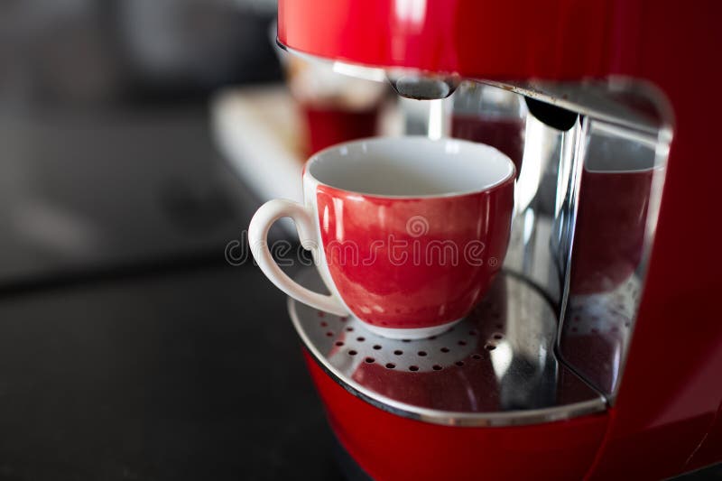Close-up View of Red Espresso Machine and Small Cup Stock Image - Image ...