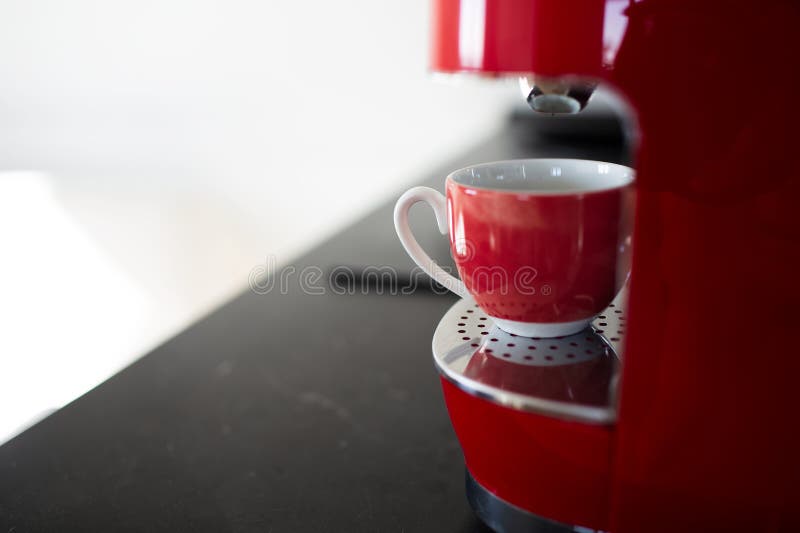 Close-up View of Red Espresso Machine and Small Cup Stock Image - Image ...