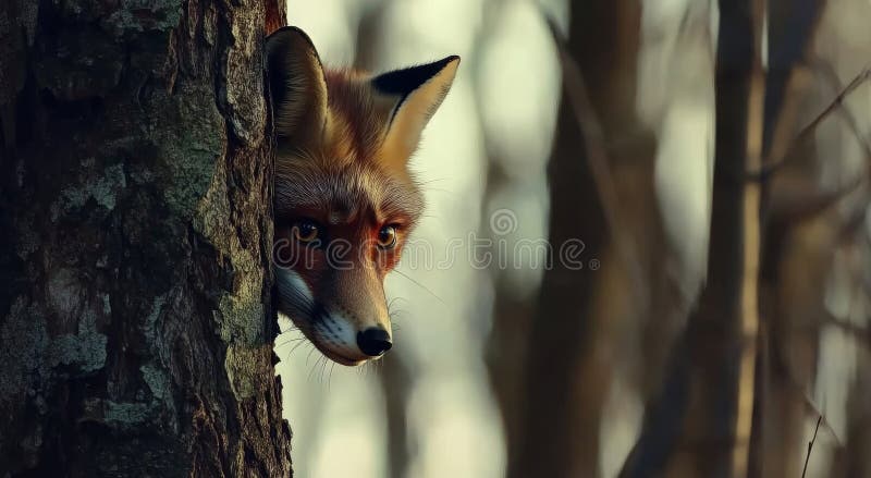 Close-up View of a Red Fox Peering Out from Behind Branches Stock Photo ...