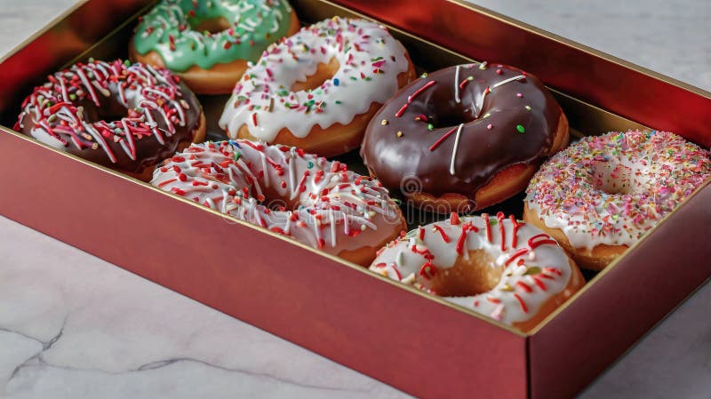 Red Gift Box Filled with Colorful Donuts Resting on a Light Marble ...