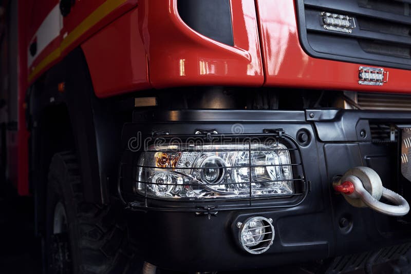 Close Up View of Red Modern Fire Truck. Front Part of Vehicle Stock ...