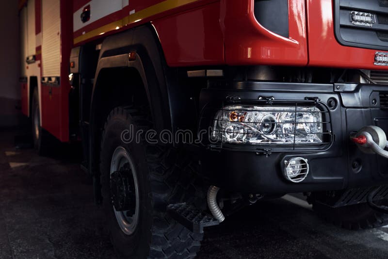 Close Up View of Red Modern Fire Truck. Front Part of Vehicle Stock ...