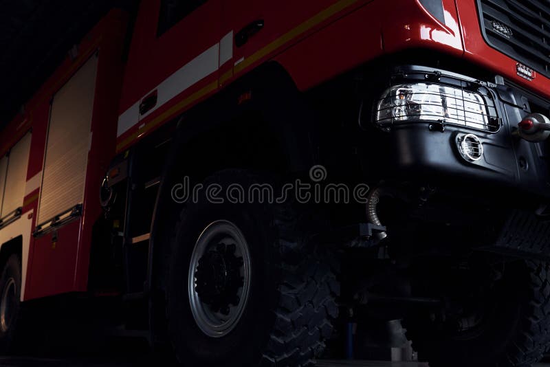 Close Up View of Red Modern Fire Truck. Front Part of Vehicle Stock ...