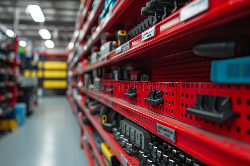 A Close-up View of a Red Shelf Packed with Various Specialized Tools ...