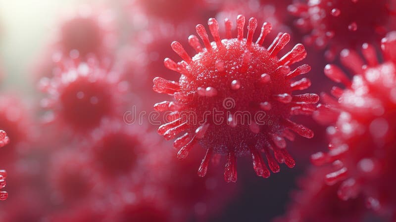 Close-up View of Red Virus Particles with Spikes Under a Microscope ...