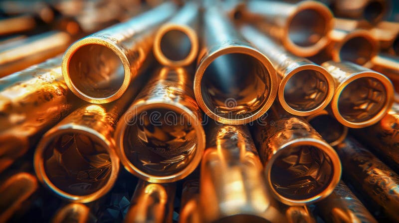 A Close-up View of Reflective Copper Pipes with Circular Openings. Their Textures and Inner ...