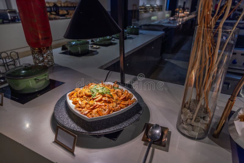 Close-up View of Restaurant Interior with Hot Fried Shrimp on Plates ...