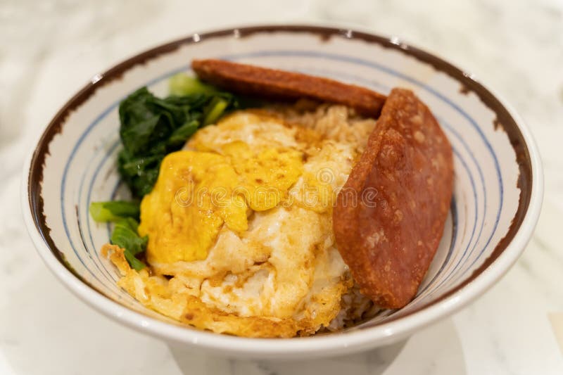 Close-up View of Rice with Luncheon Meat ,egg and Vegetable Stock Image ...