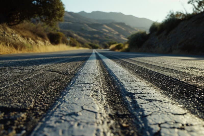 Close-Up View of Road Surface with Distant Mountains Stock Photo ...