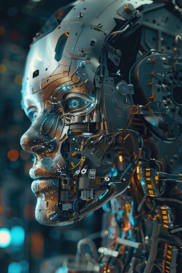 A Close-up View of a Robot S Face with Metal and Wires Visible Stock ...
