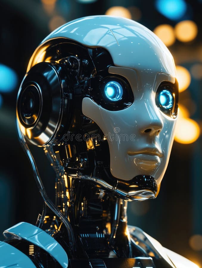 A Close-up View of a Robot S Head with Glowing Eyes, Suitable for Use ...